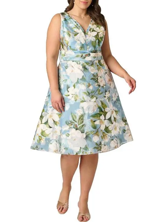 Adrianna Papell Magnolia Floral Jacquard Midi Fit & Flare Dress - Blue Multi