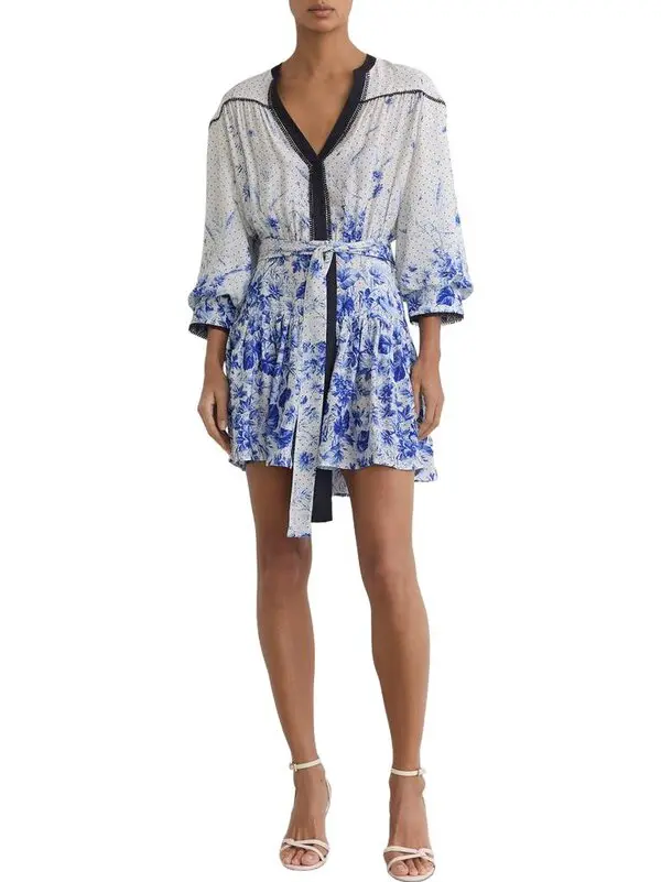 REISS Anisa Floral-print Belted Minidress - Ivory/blue
