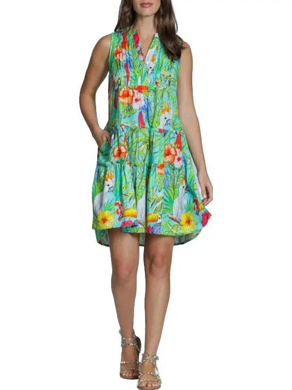APNY Pintuck Sleeveless Cotton Blend Dress - Turquoise Multi