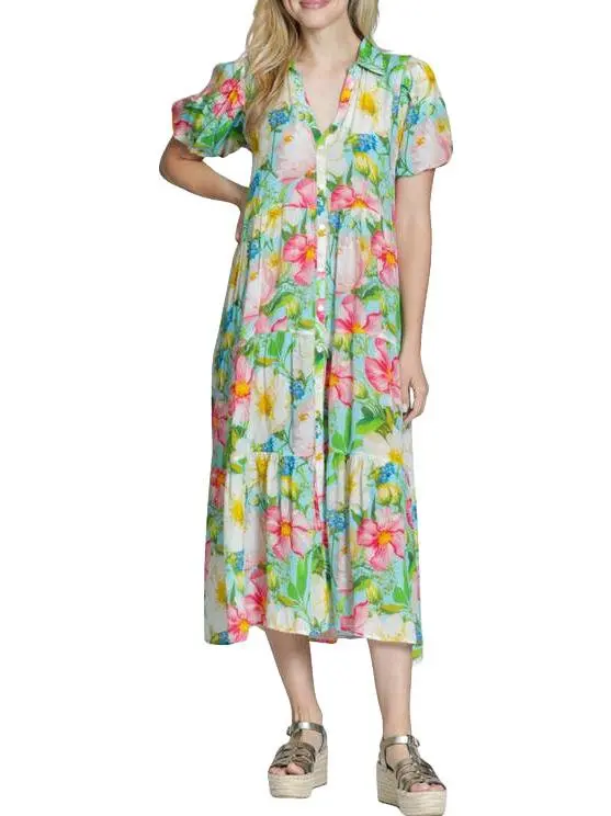 APNY Puff Sleeve Tiered Shirtdress - Green/pink Multi