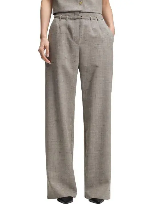 BOSS Tiana Belted Virgin Wool Blend Pants - Pumice Wool Texture