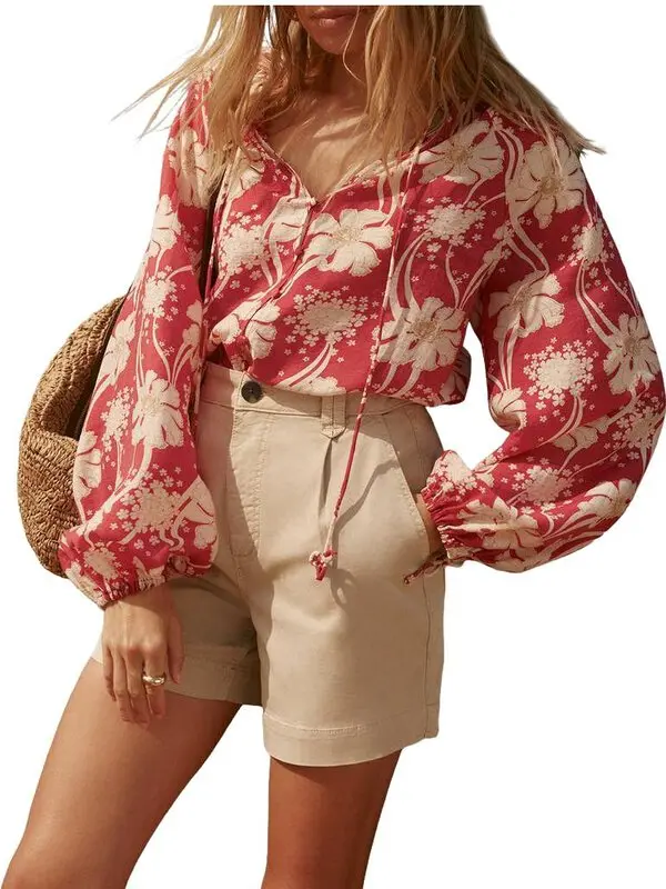 Mint Velvet Floral Tie Neck Long Sleeve Blouse - Red