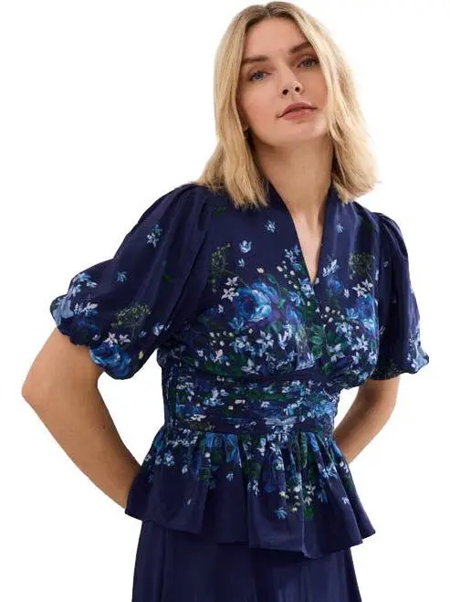 PHASE EIGHT Floral Puff Sleeve Blouse - Navy