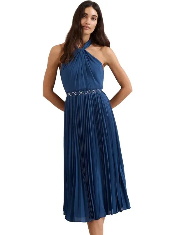 PHASE EIGHT Sathia Pleated Halter Neck Midi Dress - Indigo