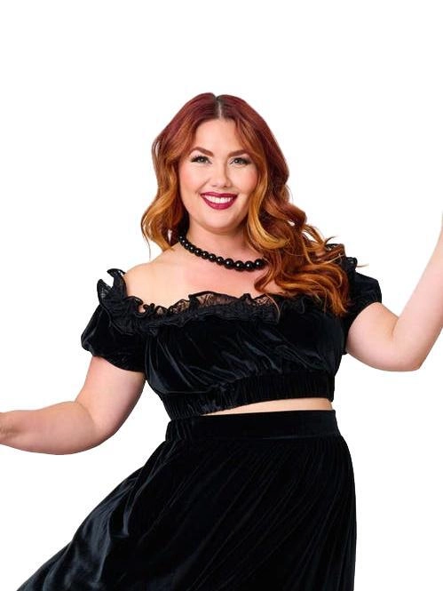 Unique Vintage 1970s Ruffle Crop Top - Black Solid