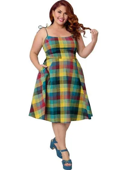 Unique Vintage 1950s Bobbie Swing Dress - Green Multi Plaid
