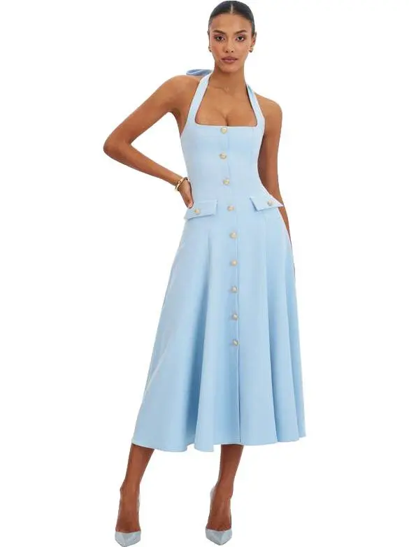 MISS CIRCLE Gillian Halter A-line Midi Dress - Mist Blue