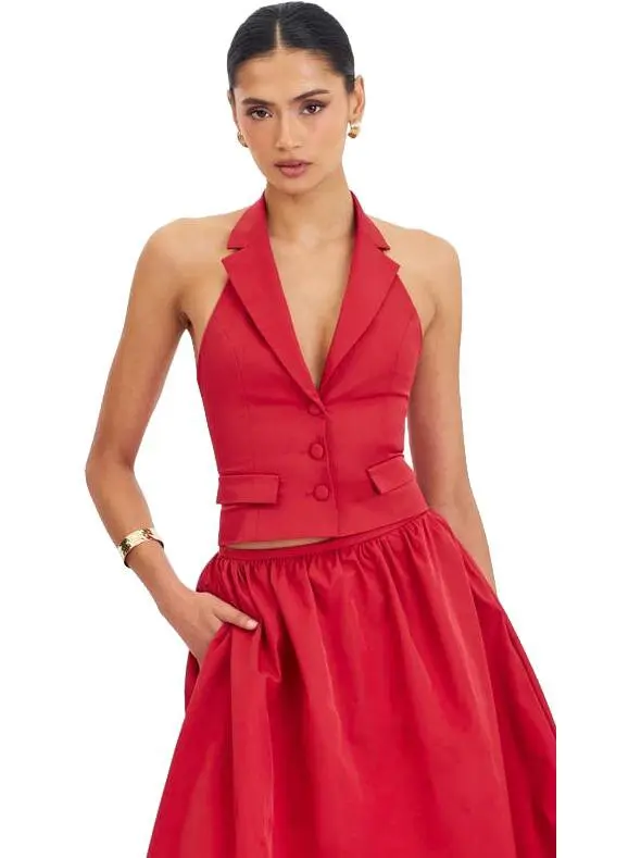 MISS CIRCLE Ursella Halter Single-breasted Lapel Top - Crimson