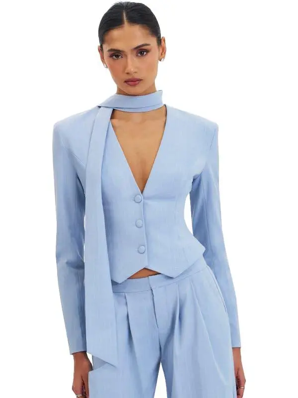 MISS CIRCLE Renley Pinstripe Peplum Blazer - Sky Blue