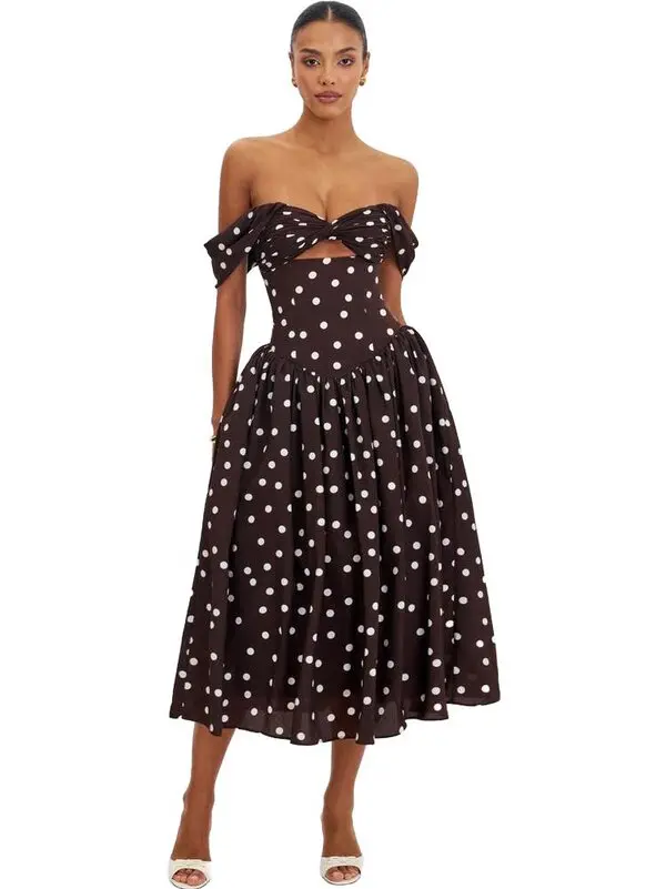MISS CIRCLE Polka Dot Off-shoulder Midi Dress - Mocha