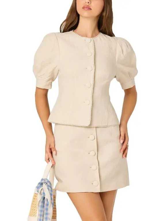 Astr The Label Cailey Puff Sleeve Crochet Trim Button-up Top - Natural