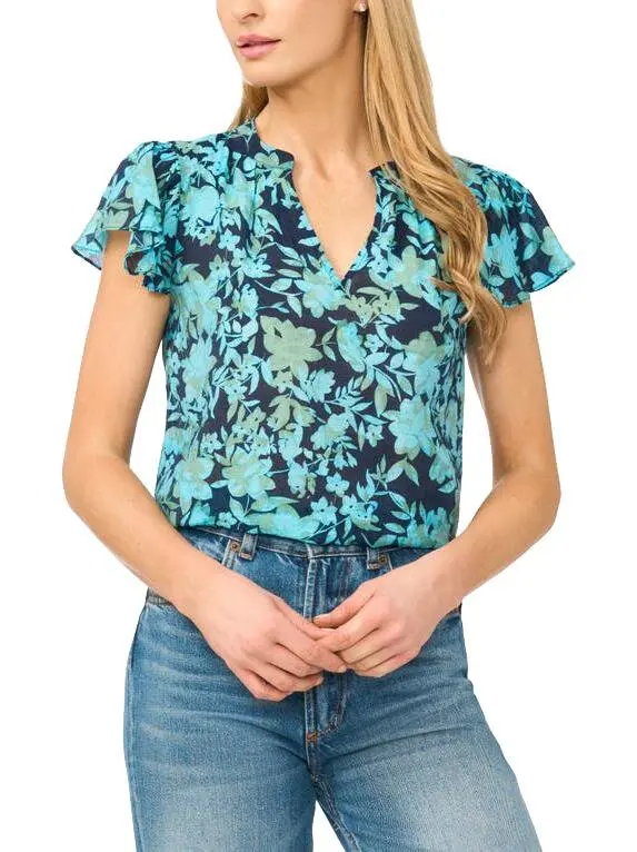 CECE DUPRAZ Floral Flutter Sleeve Top - Classic Navy