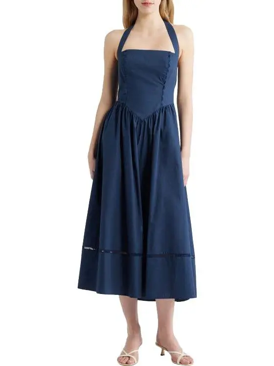 Moon River Ladder Stitch Halter Neck Cotton Dress - Navy