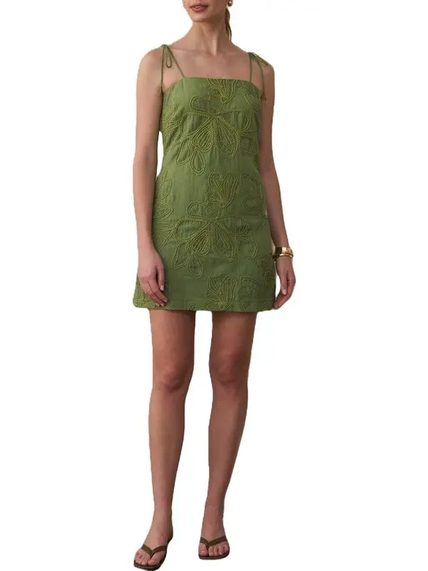 Moon River Embroidered Tie-strap Mini Sundress - Olive