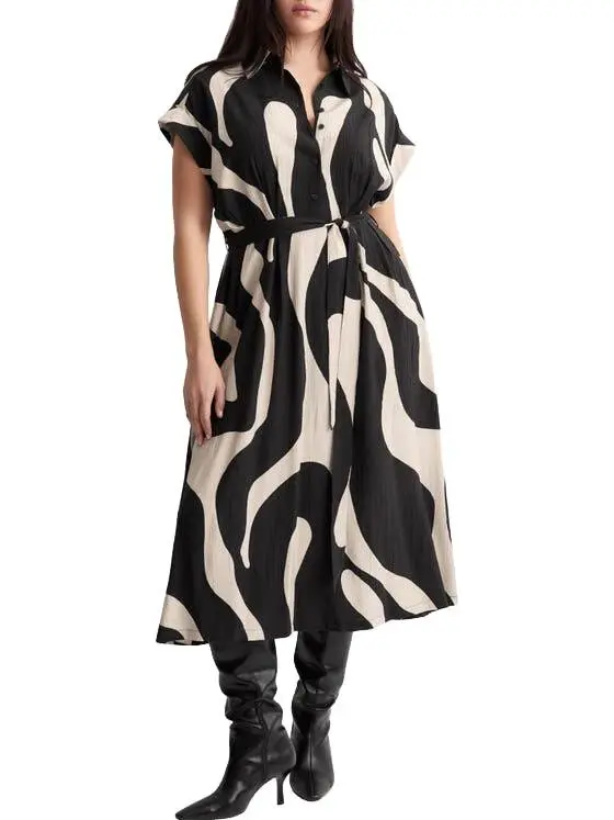 Mango Abstract Print Belted Shirt Dress - Black