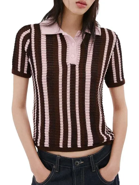 Mango Striped Short Sleeve Polo Sweater - Chocolate