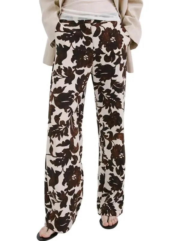 Mango Floral Print Pants - Brown