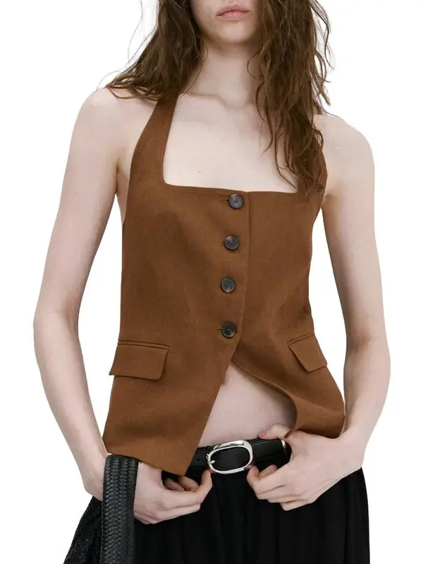 Mango Linen Suit Waistcoat - Brown