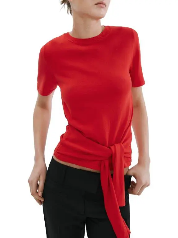 Mango Bow Detail Short Sleeve Sweater - Intense Red
