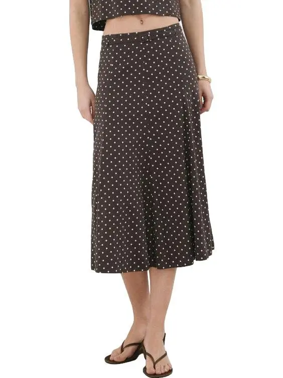 Mango Belted Polka Dot Linen Blend A-line Midi Skirt - Black