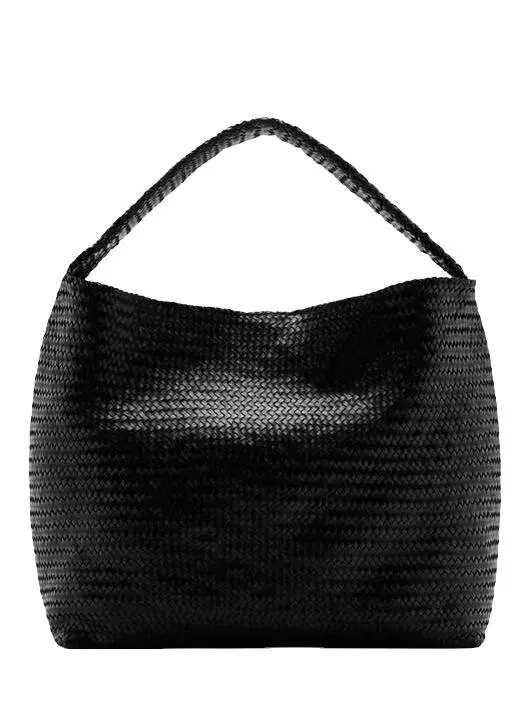 Mango Braided Leather Bucket Bag - Black