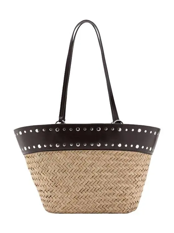 Mango Studded Raffia Shopper Bag - Chocolate
