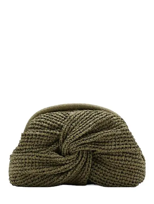 Mango Woven Frame Clutch With Chain Strap - Khaki Green