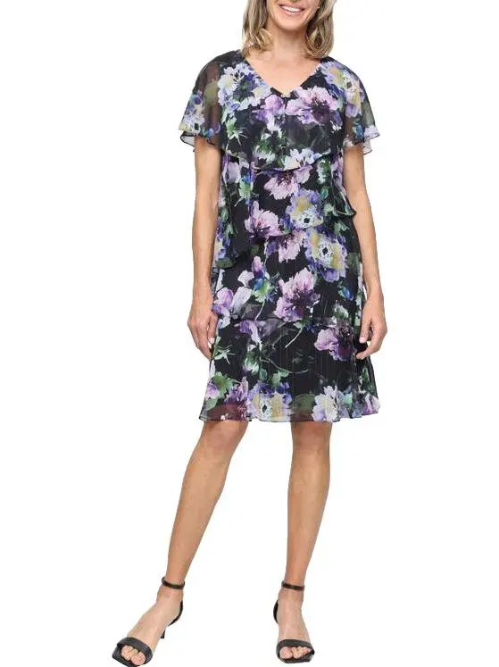 SL FASHIONS Floral Tiered Ruffle Chiffon Dress - Black Multi