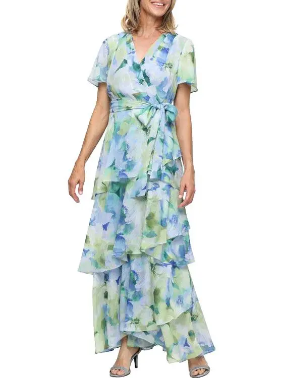 SL FASHIONS Floral Tiered Ruffle Gown - Blue/multi