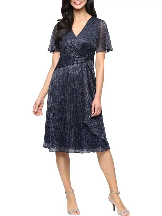 SL FASHIONS Knot Front Metallic Cocktail Dress - Navy