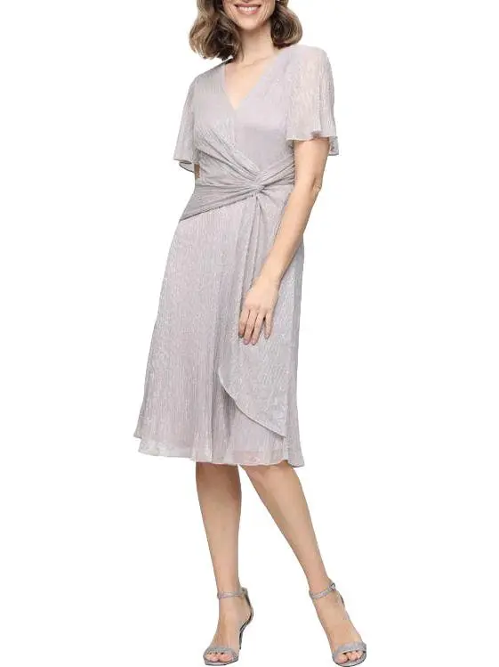 SL FASHIONS Knot Front Metallic Cocktail Dress - Pearl