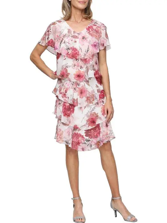 SL FASHIONS Floral Tiered Ruffle Chiffon Dress - Pink Multi