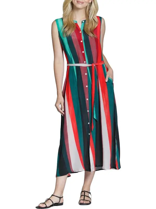 APNY Stripe Belted Midi Shirt Dress - Red Multi