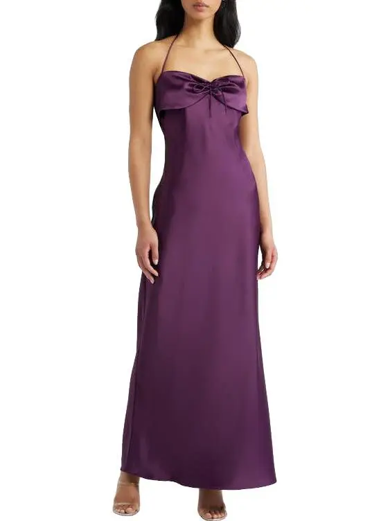 Princess Polly Ruched Halter Satin Gown - Plum