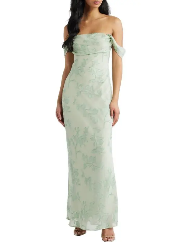 Princess Polly Azura Off-the-shoulder Floral Burnout Gown - Green Burnout