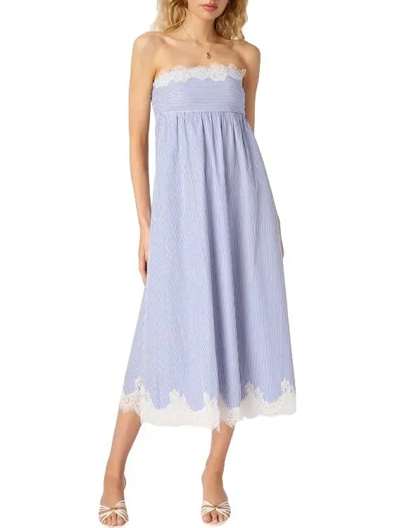 Cami Nyc Kacey Lace Trim Strapless Midi Dress - Blue Stripe