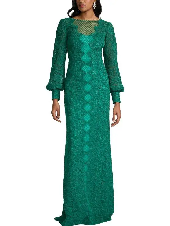 Tadashi Shoji Long Sleeve Corded Lace Gown - Emerald
