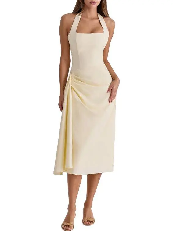 House Of Cb Halter Neck Stretch Cotton Midi Dress - Lemon