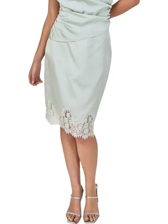 Endless Rose Satin Midi Skirt With Lace Trim - Sage
