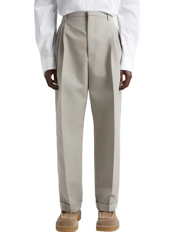 Bottega Veneta Pleated Dry Wool Mélange Toile Trousers - 1105 Stone Melange