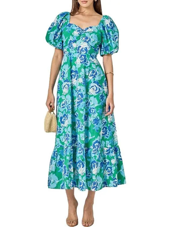 English Factory Floral Back Cutout Cotton Dress - Blue/green Floral