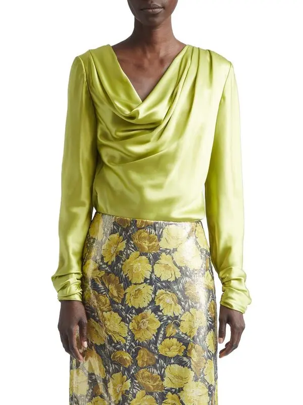 Valentino Garavani Draped Cowl Neck Silk Top - Lime