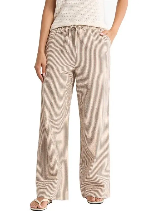 Marine Layer Striped Seersucker Drawstring Pants - Mocha Stripe