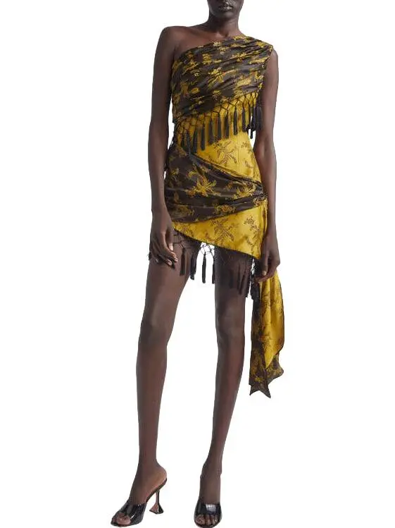 KIM SHUI Andrea Fringe Silk Jacquard One-shoulder Minidress - Black/yellow