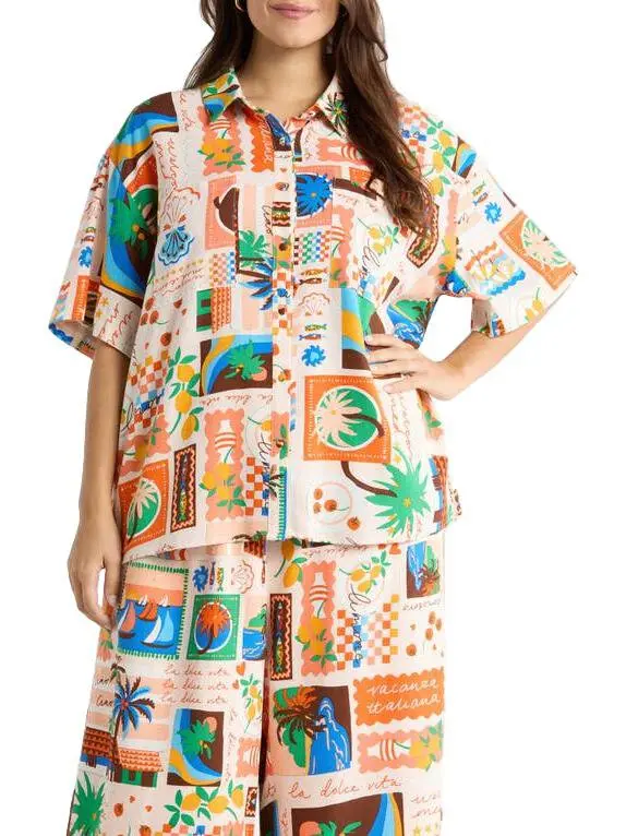 SUGARLIPS Printed Button-up Top - Coral Multi