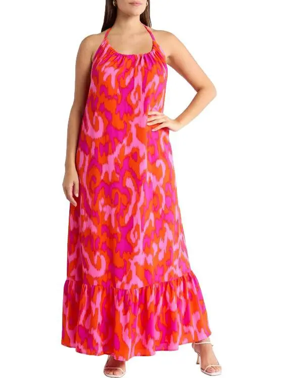 SUGARLIPS Abstract Halter Maxi Dress - Orange Fuchsia