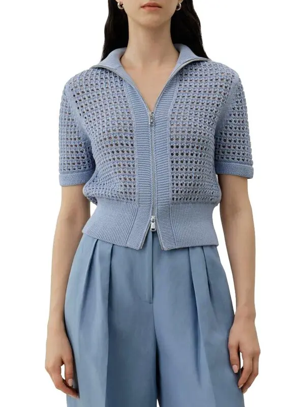 Lilysilk Toscana Pointelle Knit Double-zip Cardigan - Chambray Blue