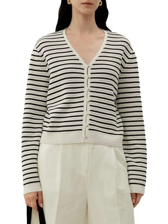 Lilysilk Striped Pointelle Knit Cardigan - White With Black Stripes