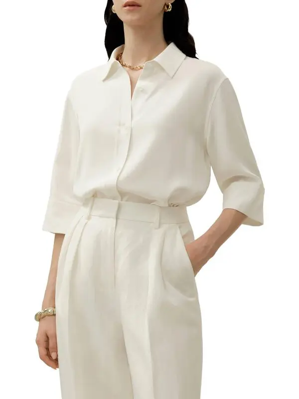 Lilysilk Heavy Silk Crepe Relaxed Half-sleeve Shirt - Natural White