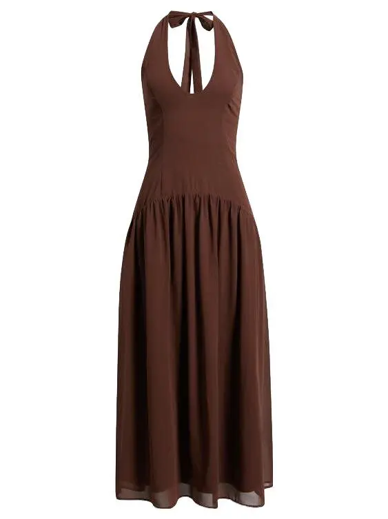 Princess Polly Halter Neck Drop Waist Maxi Dress - Brown